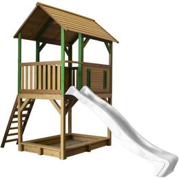 AXI Spielhaus Pumba mit Sandkasten & weißer Rutsche Stelzenhaus in Braun & Grün aus fsc Holz für Kinder Spielturm mit Wellenrutsche für den Garten