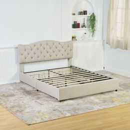 2-Sitzer-Bett mit Stauraum (160 x 200 cm) mit gepolstertem Kopfteil aus beigem Stoff mit 4 Schubladen (Matratze nicht im Lieferumfang enthalten)