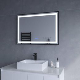 Badspiegel mit led Beleuchtung Schwarz Rahmen 100x70cm sautens Typ c Touch Sensor Dimmbar Spiegelheizung Kaltweiß 6400K Warmweiß 3000K Aquabatos