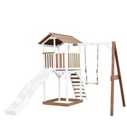 AXI Beach Tower Spielturm aus Holz in Braun & Weiß Spielhaus für Kinder mit weißer Rutsche, Schaukel und Sandkasten Stelzenhaus für den Garten - Braun