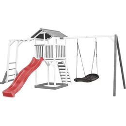 AXI - Beach Tower Spielturm aus Holz in Weiß & Grau Spielhaus für Kinder mit roter Rutsche, Klettergerüst, Roxy Nestschaukel und Sandkasten
