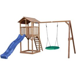 AXI Beach Tower Spielturm aus Holz in Braun Spielhaus für Kinder mit blauer Rutsche, Summer Nestschaukel und Sandkasten Stelzenhaus für den Garten