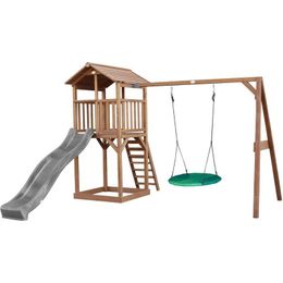 AXI Beach Tower Spielturm aus Holz in Braun Spielhaus für Kinder mit grauer Rutsche, Summer Nestschaukel und Sandkasten Stelzenhaus für den Garten