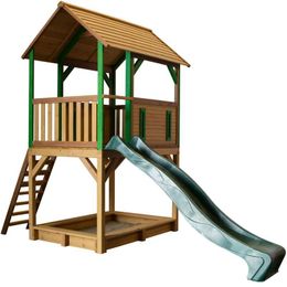 AXI Spielhaus Pumba mit Sandkasten & grüner Rutsche Stelzenhaus in Braun & Grün aus fsc Holz für Kinder Spielturm mit Wellenrutsche für den Garten