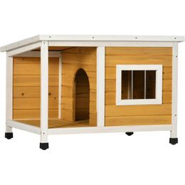 PawHut Hundehütte mit Veranda, aufklappbares Dach, Fenster, verstellbare Füße, Naturholz, orange, 85,5 x 62 x 60 cm - Orange