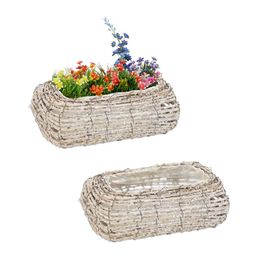 Blumentopf, 2er Set, Rattan, Pflanzentöpfe mit Folie, hbt: 10 x 25 x 15 cm, Pflanzkörbe für innen, weiß/natur - Relaxdays