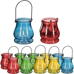 Windlicht, 12er Set, aus Glas, Henkel zum Aufhängen, innen & außen, Teelichthalter, HxD 9,5x8,5 cm, mehrfarbig - Relaxdays