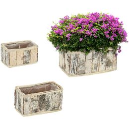 Blumentopf, 3er Set, länglich, Birke, Pflanzentöpfe mit Folie, Pflanzkörbe für innen und außen, weiß/natur - Relaxdays