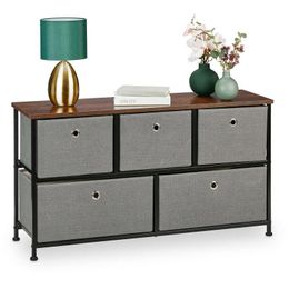 Kommode, HxBxT: 54,5 x 100 x 30 cm, Sideboard Stoff & Stahl, 5 Schubladen, Industrial Flurkommode, grau/braun - Relaxdays