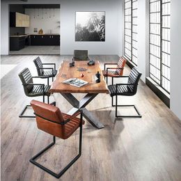 Lomadox Sitzgruppe Esszimmer mit 200 cm Massivholz Esstisch TARRAS-123 inkl. 6 Stühle mit Echtleder Bezug - braun