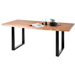 Lomadox Massivholztisch AMSTERDAM-119, Industrial Design, Tischplatte aus Akazie massiv natur mit Baumkante, BxHxT: ca. 180x77x90 cm - schwarz