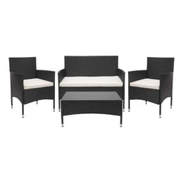 HHG - Poly-Rattan Garnitur 813, Balkon-/Garten-/Lounge-Set Sofa Sitzgruppe schwarz, Kissen creme - black
