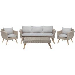 Beliani Gartenmöbel Set Braun Grau Rattan Sicherheitsglas Textil inkl. Kissen 5-Sitzer Terrasse Outdoor Modern - Heller Holzfarbton