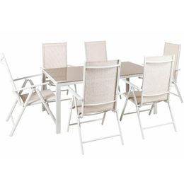 Beliani Gartenmöbel Set Beige Glas Aluminium Stoffbespannung 7-Teilig 6-Sitzer Modern Tisch 160 x 91 cm und 6 Stühle Terrasse Outdoor Ausstattung - Weiß