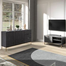 Lomadox Wohnmöbel Set, Sideboard & tv Lowboard, in Esche schwarz Nb. PERIA-132 - schwarz