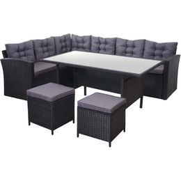Poly-Rattan-Garnitur HHG 389, Gartengarnitur Sitzgruppe Lounge-Esstisch-Set, schwarz Kissen dunkelgrau, mit 2x Hocker - black