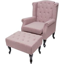 HHG Sessel Chesterfield Oxford, Relaxsessel Clubsessel Ohrensessel, wasserabweisend Stoff/Textil vintage rosa mit Ottomane - pink