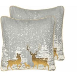 Beliani - Dekokissen 2er Set Grau Baumwollbezug mit Füllung Quadratisch 45x45 cm Weihnachtsmotiv Rentier Tier Reißverschluss Wohnzimmer Schlafzimmer