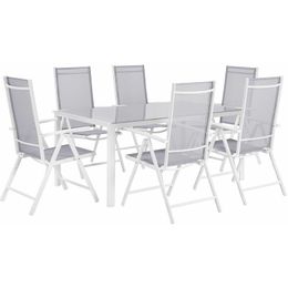 Beliani Gartenmöbel Set Grau Glas Aluminium Stoffbespannung 7-Teilig 6-Sitzer Modern Tisch 160 x 91 cm und 6 Stühle Terrasse Outdoor Ausstattung - Weiß