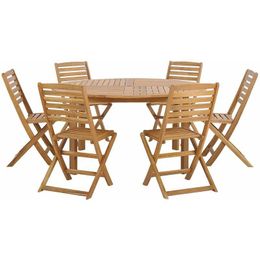 Beliani Gartenmöbel Set Braun Akazienholz runder Tisch 150 cm mit 6 klappbaren Stühlen Landhaus Stil Terrasse Balkon Garten Möbel - Heller Holzfarbton
