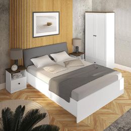 Lomadox Schlafzimmer Set inkl. 140 cm Bett mit Lattenrost und Bettkasten LEESTON-131 Landhaus Desing in weiß mit Lefkas Eiche Nb. - weiß