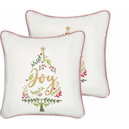 Beliani Dekokissen 2er Set Weiß Samtbezug mit Füllung Schriftzug Quadratisch 45x45 cm Weihnachtsmotiv Tannenbaum Reißverschluss Wohnzimmer Schlafzimmer - Weiß