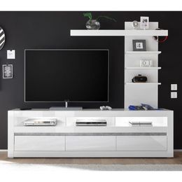 Lomadox TV-Lowboard in weiß Hochglanz inkl. led und mit Griffmulden mit Aufsatzregal COGO-61 BxHxT: 217x163x42cm - weiß