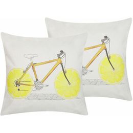 Beliani - Dekokissen Weiss Gelb 45 x 45 cm 2er Set aus Baumwolle mit Fahrradmotiv und gelben Rädern Salon Schlafzimmer Wohnzimmer Quadratisch Modern