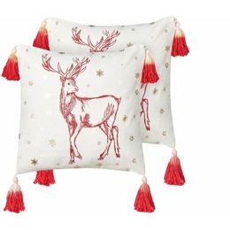 Beliani Dekokissen 2er Set Cremeweiß und Rot Baumwollbezug mit Füllung Quadratisch 45x45 cm Weihnachtsmotiv Rentier Tier Reißverschluss Wohnzimmer - Weiß