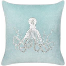 Beliani Dekokissen Hellblau und Silber Samt Quadratisch 45x45 cm mit Füllung Reißverschluss Bedruckt Bestickt Tiermotiv Oktopus Tintenfisch Meeresmotiv