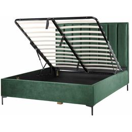 Beliani Polsterbett Samtstoff Dunkelgrün 160x200 cm mit Bettkasten hochklappbar für Schlafzimmer Doppelbett Ehebett - Schwarz
