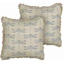 Beliani - Dekokissen 2er Set Beige Baumwolle mit Polyester-Füllung 45 x 45 cm Quadratisch Libellen Motiv Fransen Wohnaccessoires Wohnzimmer