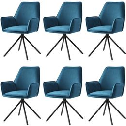 6er-Set Esszimmerstuhl HHG 851, Küchenstuhl Stuhl Armlehne, drehbar Auto-Position, Samt türkis-blau, Beine schwarz - turquoise