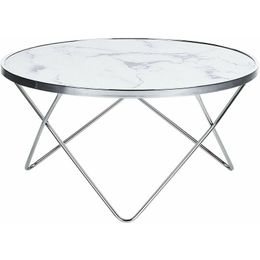 Beliani - Couchtisch Weiß Silber Sicherheitsglas Metall 40 x 80 cm v förmigen Füße Glänzend Marmor Optik Rund Modern - Silber