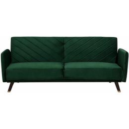Beliani - Sofa Grün Samtstoff 3-Sitzer Schlaffunktion Retro Modern Wohnzimmer - Dunkler Holzfarbton