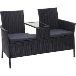 HHG - Poly-Rattan Sitzbank mit Tisch 243, Gartenbank Sitzgruppe Gartensofa, 132cm schwarz, Kissen dunkelgrau - black