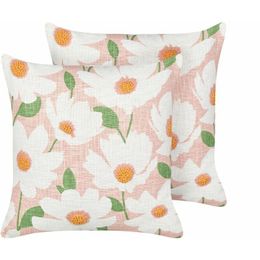 Beliani - 2-teiliges Kissen-Set aus Baumwolle Rosa 45 x 45 cm florals Muster handgefertigt abnehmbarer Bezug mit Boho Füllung - Weiß