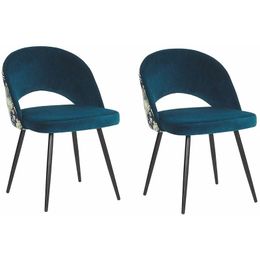 Beliani Esszimmerstuhl 2er Set Blau Polsterbezug mit Metallbeinen und floralem Muster abgerundete Form Wohnzimmer Esszimmer Küche Modern - Schwarz