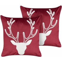 Beliani - Dekokissen 2er Set Dunkelrot Samtbezug mit Füllung Quadratisch 45 x 45 cm Tiermotiv Rentier Weihnachtsmotiv Modern Dekoration für Sofa