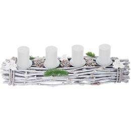 HHG - Adventsgesteck länglich, Weihnachtsdeko Adventskranz, Holz 60x16x9cm weiß-grau mit Kerzen, weiß - white