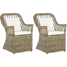 Beliani Gartensessel 2er Set Natürlich Rattan mit 2 Auflagen Cremeweiß Baumwolle Terrasse Balkon Außen Wohnzimmer Gartenzubehör im Retro Stil - Weiß