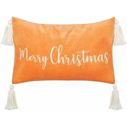 Beliani - Dekokissen Orange Samtbezug mit Füllung Schritfzug Rechteckig 30x50 cm Weihnachtsmotiv Reißverschluss Wohnzimmer Schlafzimmer Deko - Weiß