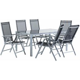 Beliani Gartenmöbel Set Schwarz Glas Aluminium Stoffbespannung 7-Teilig 6-Sitzer Modern Tisch 160 x 91 cm und 6 Stühle Terrasse Outdoor Ausstattung - Silber