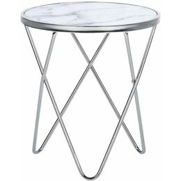 Beliani - Beistelltisch Weiß Silber Sicherheitsglas Metall 50 x 55 cm v förmigen Füße Couchtisch Glänzend Marmor Optik Rund Modern - Silber