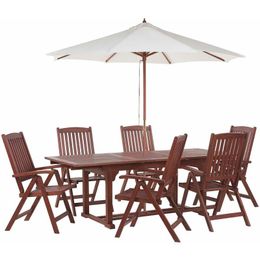 Beliani Gartenmöbel Set mit Sonnenschirm Dunkelbraun Akazienholz 6-Sitzer 8-teilig Ausziehbarer Tisch Outdoor Garten Terrasse Balkon Ausstattung Möbel