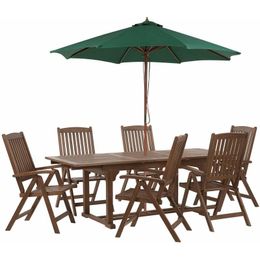 Beliani Gartenmöbel Set Dunkelbraun und Grün Akazienholz 8-Teilig Sonnenschirm Ausziehtisch mit 6 Stühlen Klappbar Verstellbar Modern Terrasse Möbel