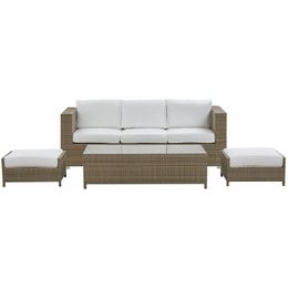 Beliani - Lounge Set Weiß Braun pe Rattan Kaffeetisch 2 Ottomane Auflagen Modern Outdoor - Silber