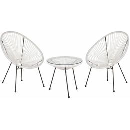 Beliani - Balkonset Weiß Polyrattan Beistelltisch mit 2 Stühlen Spaghetti-Optik Modern Mexikanischer Stil Outdoor Balkon Terrasse Garten Möbel