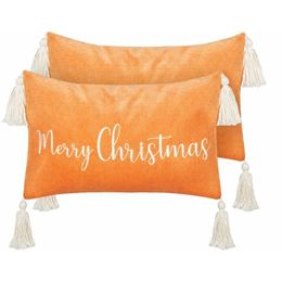 Beliani - Dekokissen 2er Set Orange Samtbezug mit Füllung Schritfzug Rechteckig 30x50 cm Weihnachtsmotiv Reißverschluss Wohnzimmer Schlafzimmer Deko