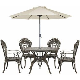 Beliani - Gartenmöbel Set mit Sonnenschirm Dunkelbraun Aluminum 4-Sitzer 6-teilig mit Auflagen Runder Tisch Garten Terrasse Balkon Ausstattung Möbel